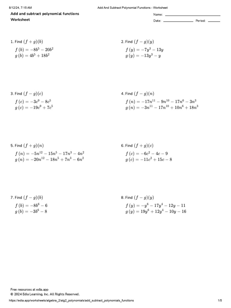 Add and Subtract Polynomial Functions - Worksheet 2 | PDF