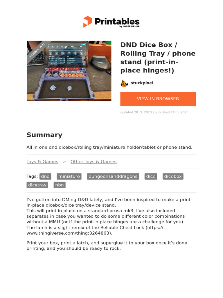 DND Dice Box Rolling Tray Phone Stand Print in Place Hinges | PDF ...