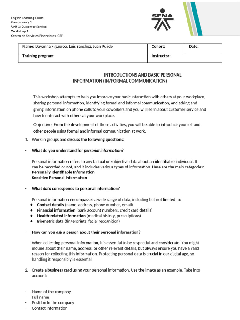 Guide 23 Workshop 1 - Introductions and Basic Personal Information ...