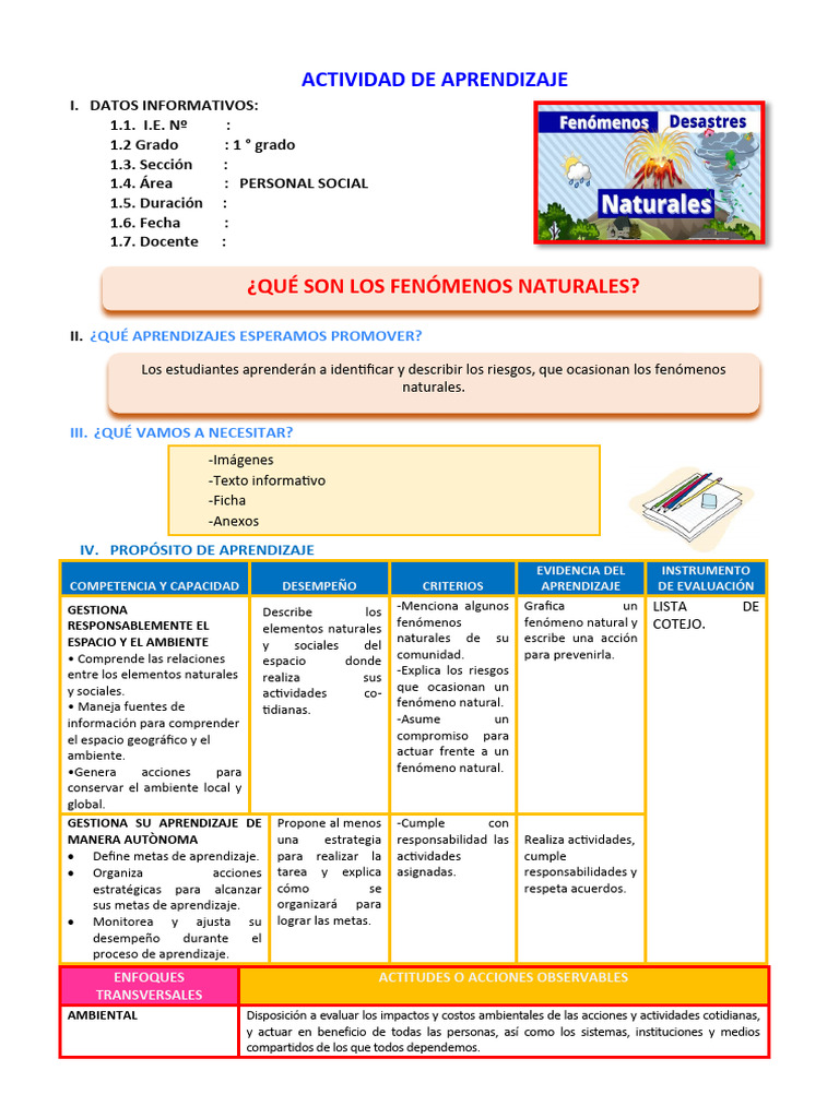 D1 A2 Sesion Ps. ¿Qué Son Los Fenómenos Naturales | PDF | Aprendizaje ...