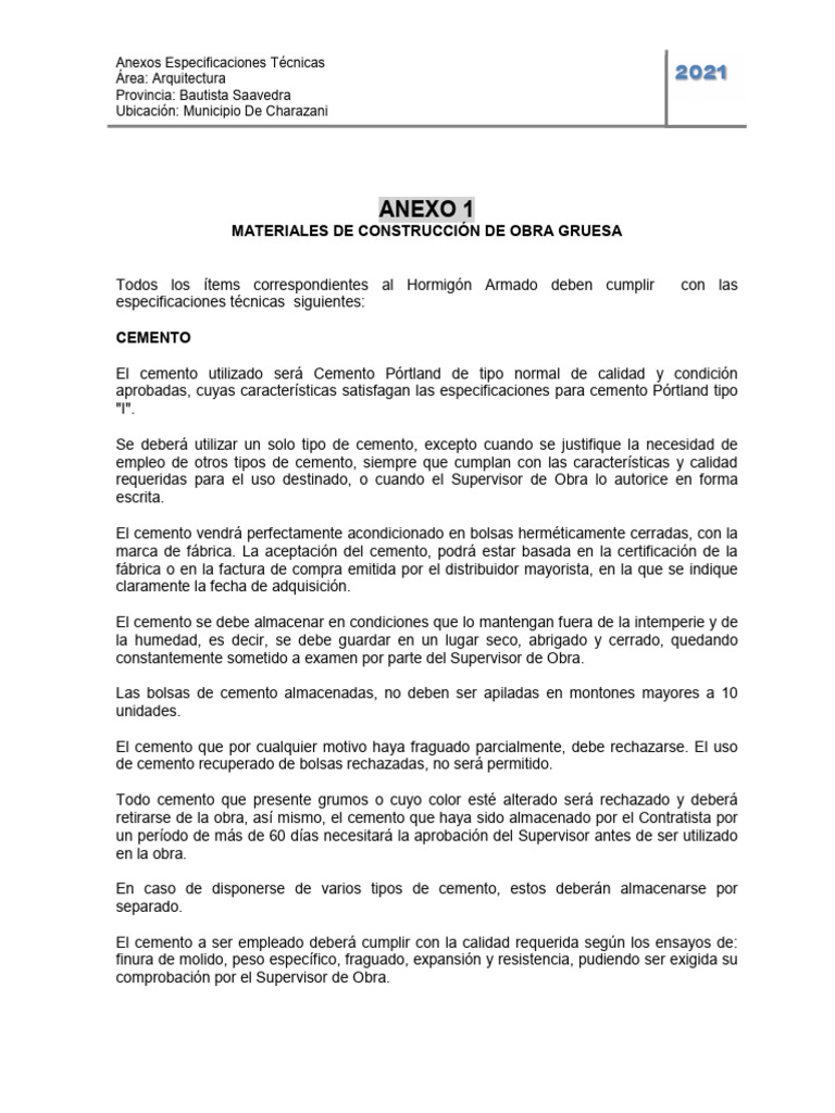 Especificaciones Técnicas de Materiales de Construcción | PDF ...
