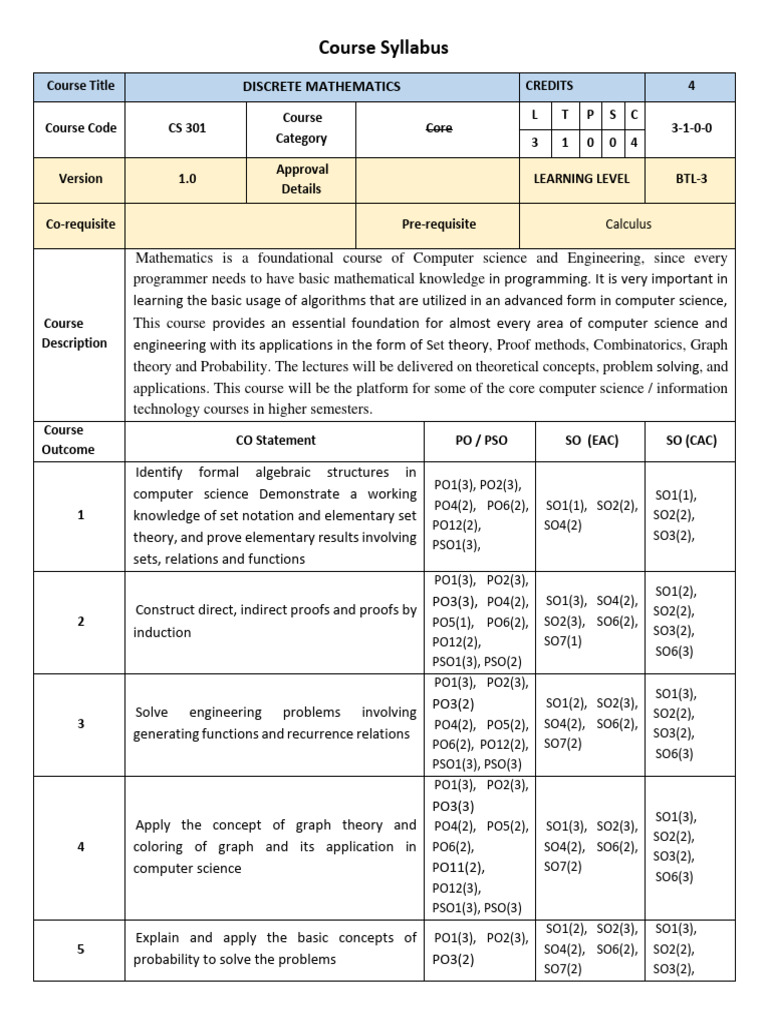 CS 301 Syllabus-Discrete Mathematics | PDF | Probability Distribution ...