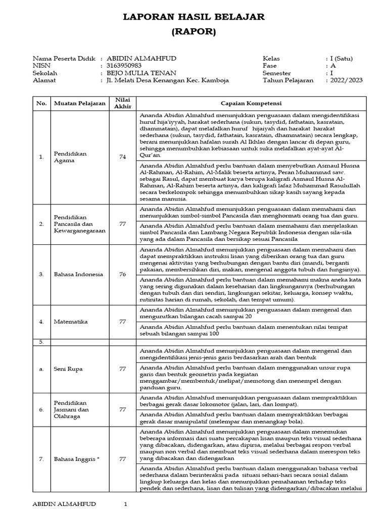 Template Rapor IKM Kelas 1 | PDF