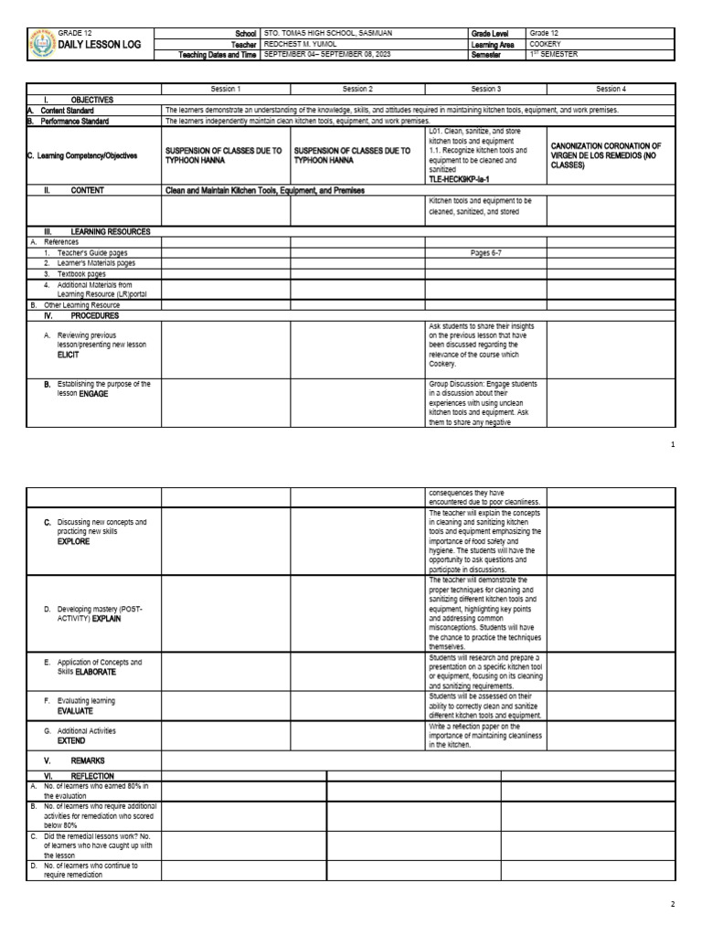 Cookery Week2 | PDF | Learning | Teachers