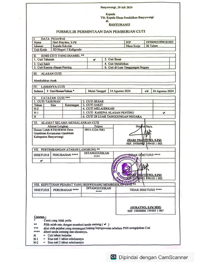 Surat Cuti Pak Hari Prayitno | PDF