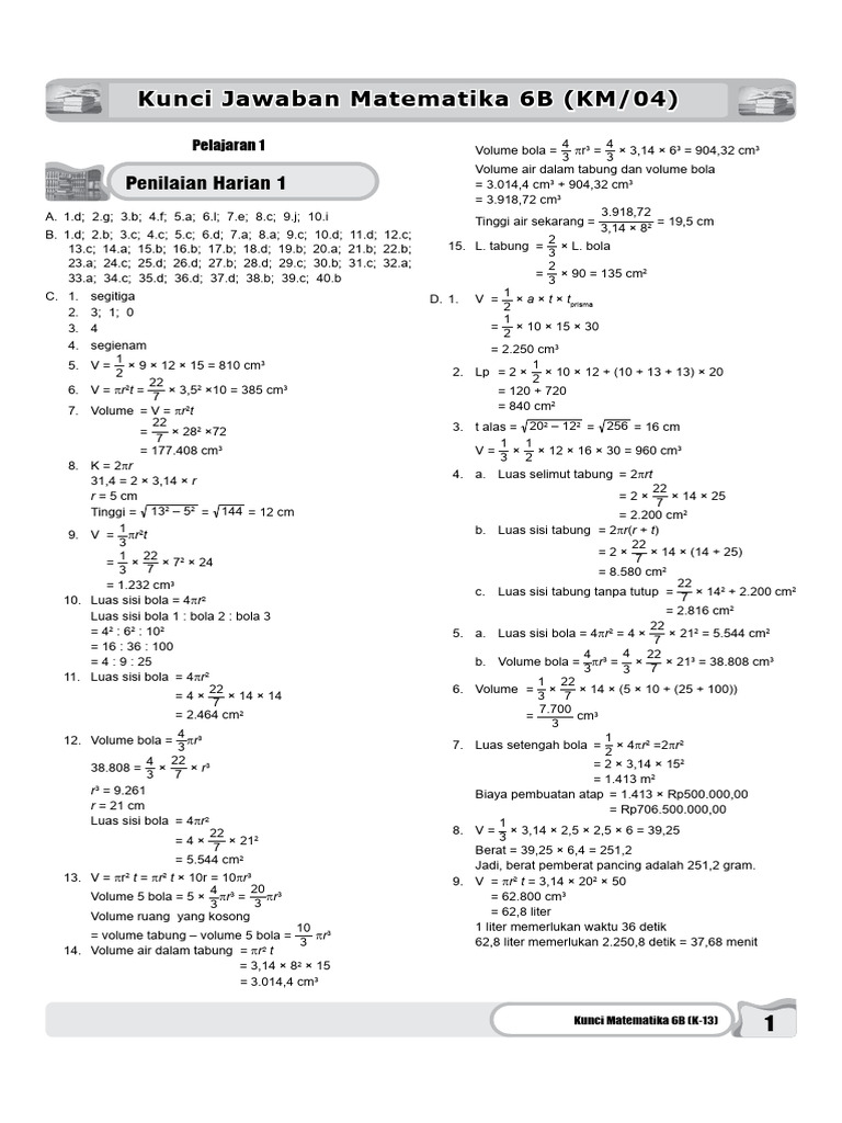 Kunci Matematika Kelas 6B K-13 | PDF