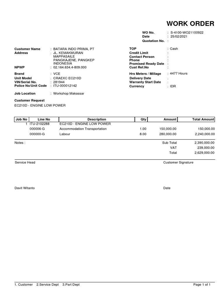 Workorder Pt Batara Indo Prima Ext Pdf