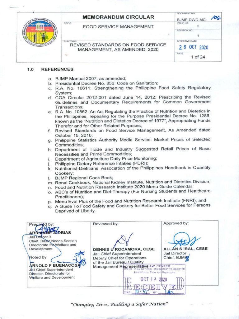 Mc-106 10282020 MC On Food Service Management Revised Standards On Food Service Management As ...