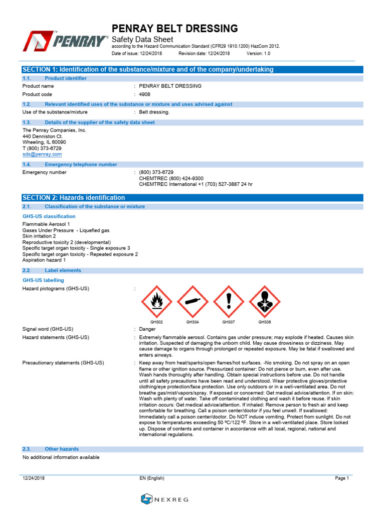 Msds Penray Belt Dressing | PDF | Toxicity | Occupational Safety And Health
