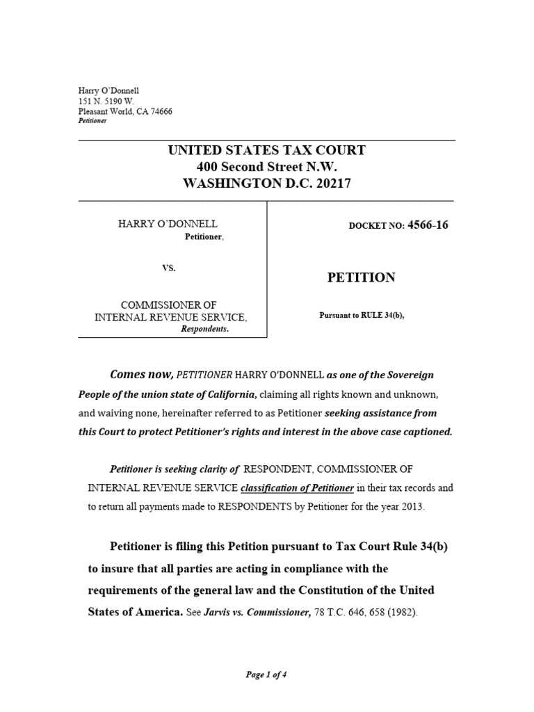 Tax Court Petition by Harry O'Donnell | PDF | Internal Revenue Service ...