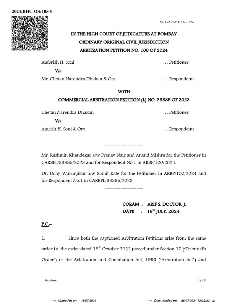 Bombay HC - Ambrish H Soni Vs Chetan Narendra Dhadkan DT 16 July 2024 ...