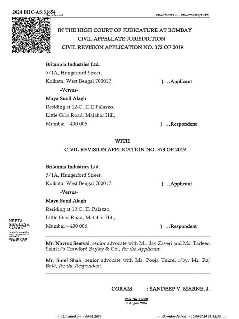 Bombay HC Britannia Industries Ltd. Vs Maya Sunil Alagh DT 8 August ...