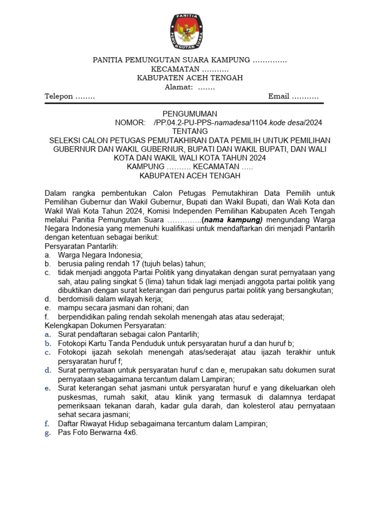 Pengumuman Pendaftaran Pantarlih | PDF