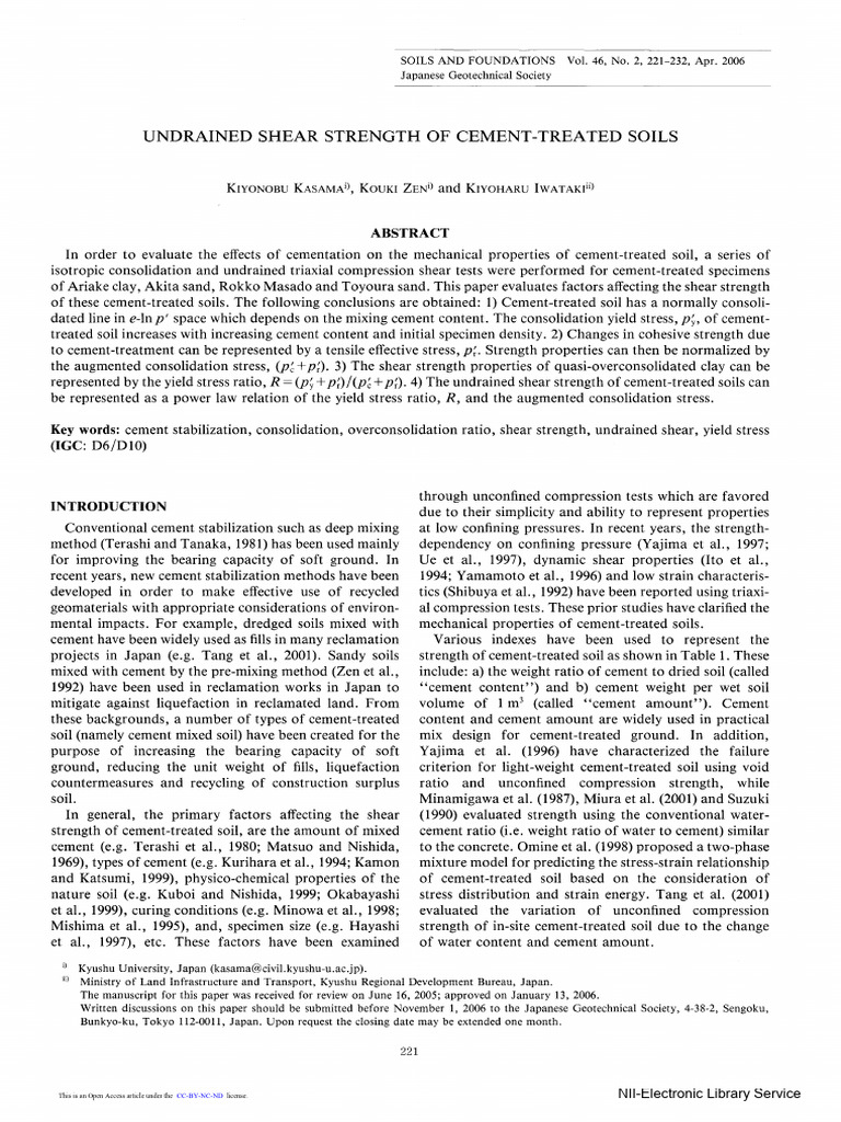 Undrained Shear Strength of Cement-Treated Soils | PDF | Soil Mechanics ...