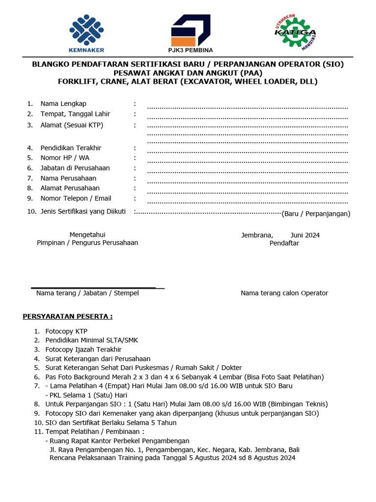 Form Pendaftaran Training SIO K3 | PDF | Karier & Perkembangan