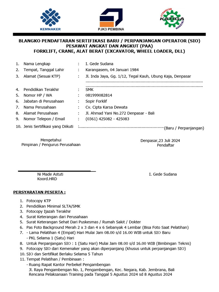 Form Pendaftaran Training SIO K3 | PDF