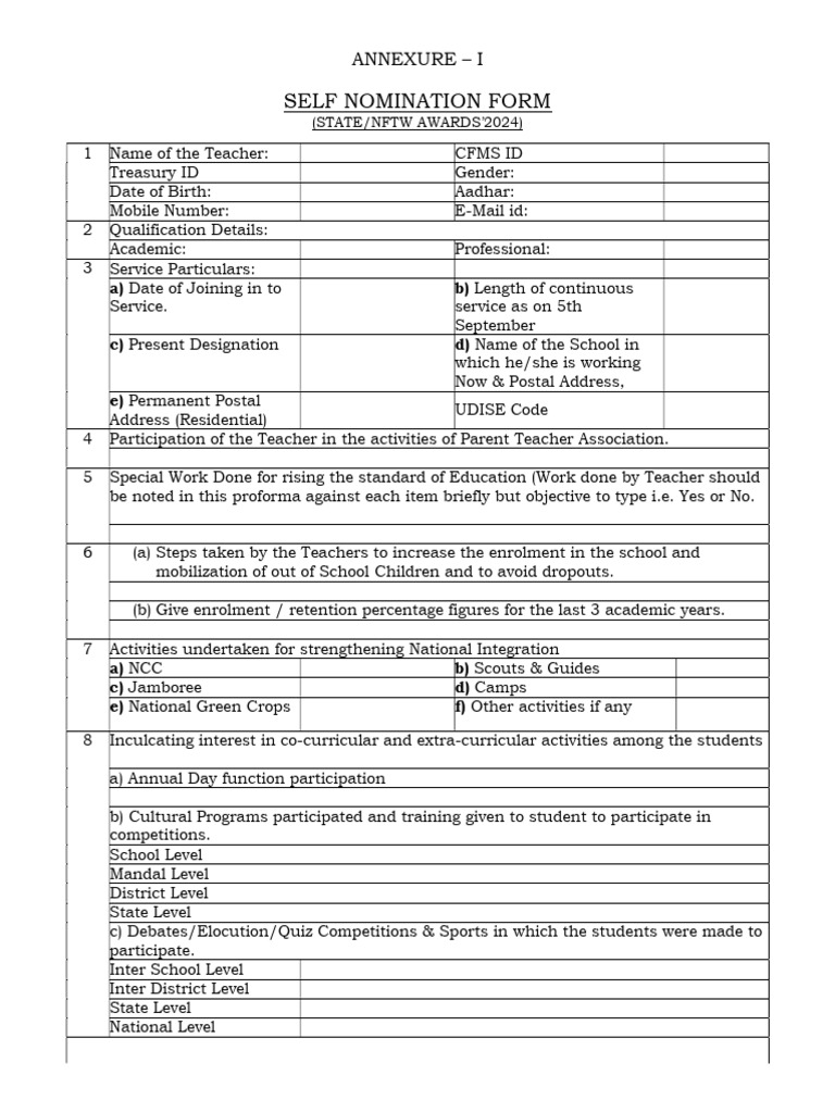 Annexure I Self Nomination Form | PDF | Teachers | Information And ...