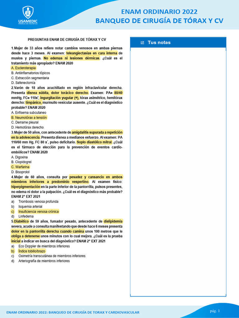 BANQUEO DE CIRUGIA DE TORAX Y CV ENAM-ORD 2022 USAMEDIC Alumno | PDF | Enfermedades y trastornos ...