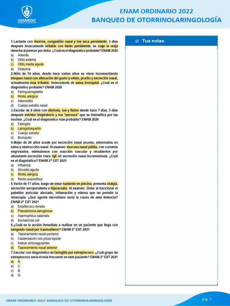 BANQUEO DE OTORRINO ENAM ORD 2022 USAMEDIC Alumno | PDF | Alergia | Tos