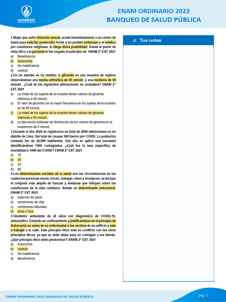 BANQUEO DE SALUD PUBLICA ENAM ORD 2022 USAMEDIC Alumno | PDF | Tuberculosis | Muestreo ...