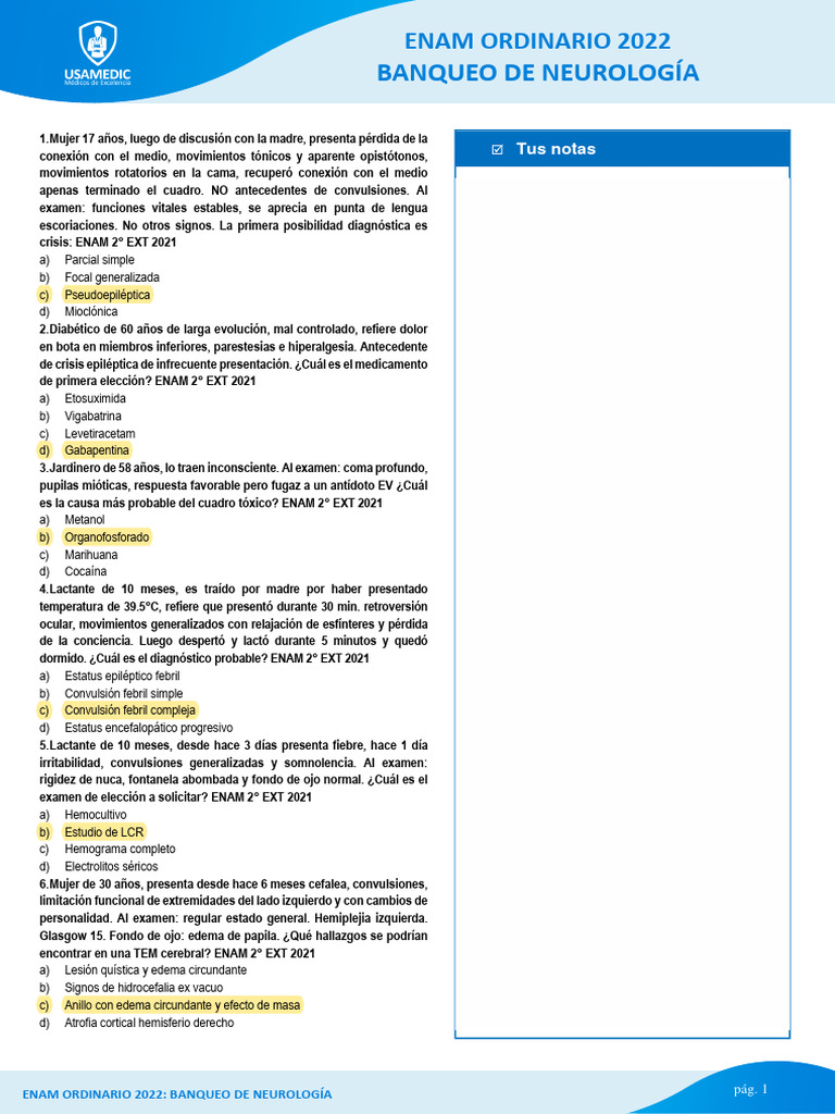 BANQUEO DE NEUROLOGIA ENAM ORD 2022 USAMEDIC Alumno | PDF | Meningitis | Cerebro