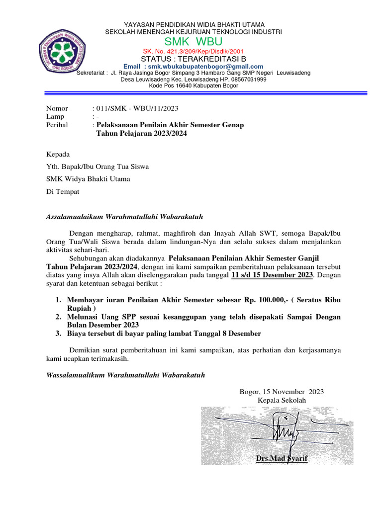 Surat Pas Wbu Siswa | PDF