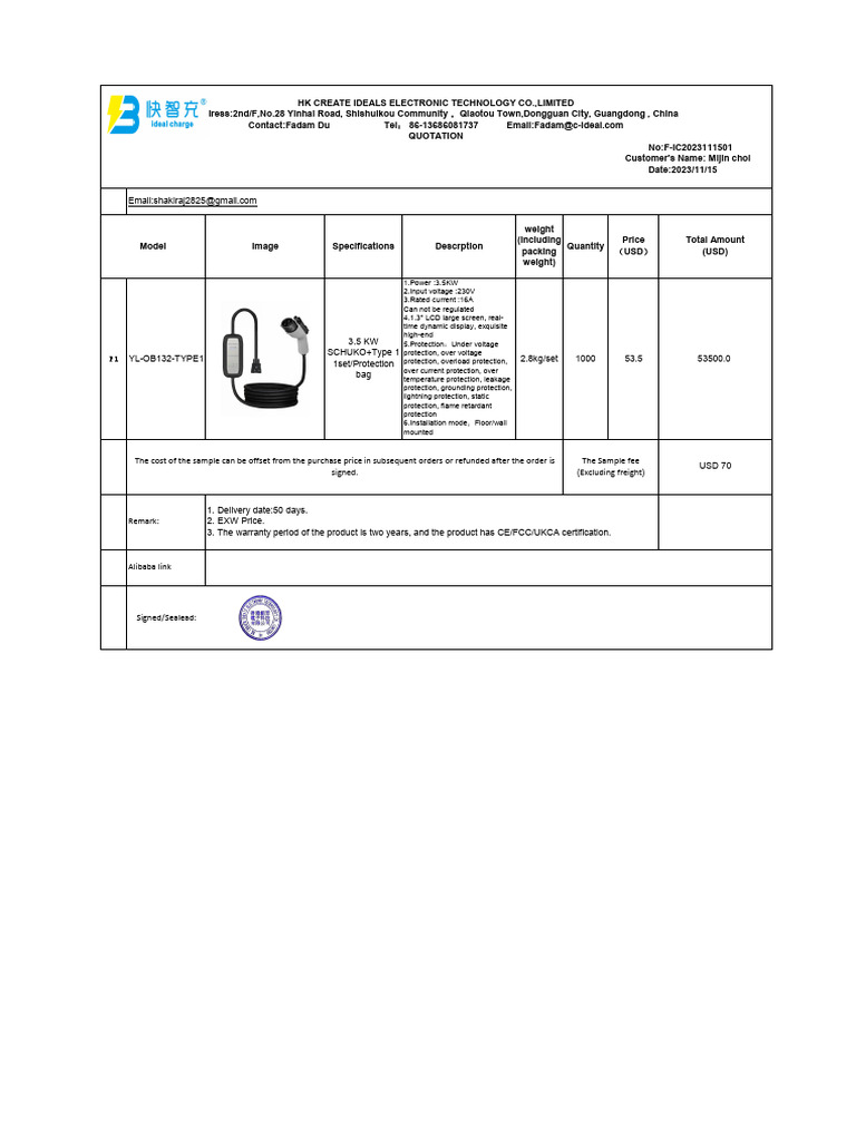 3.5kw EV Charger Quotation - Ideal Charge | PDF | Electric Power ...