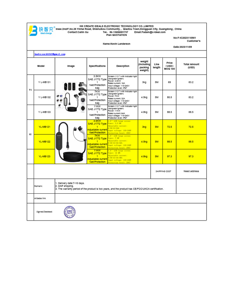 EV Charger List QUOTATION - Ideal Charge | PDF | Electric Vehicle ...