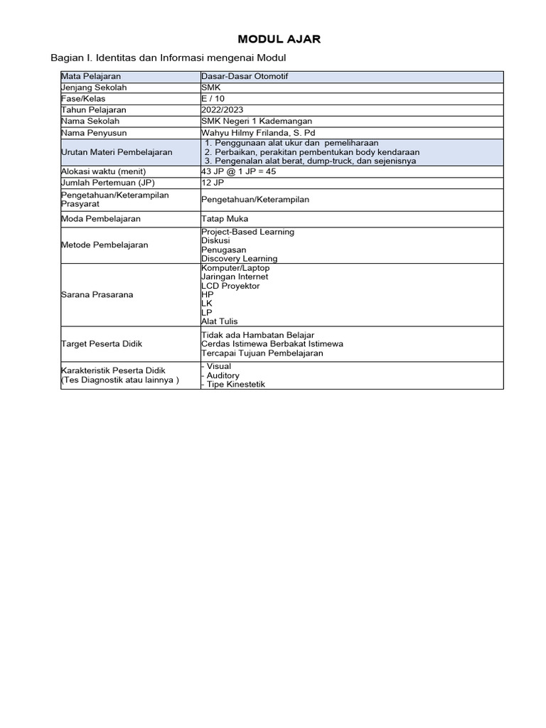 E. MODUL AJAR Teknik Dasar Pemeliharaan | PDF