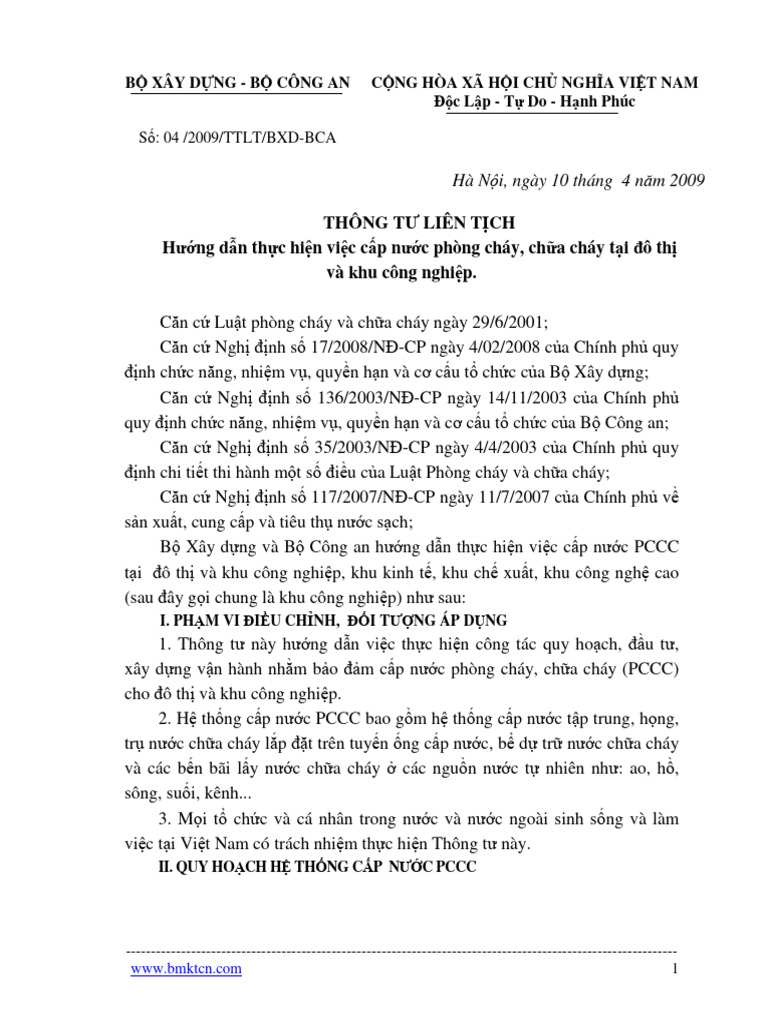 TTLT04-2009 - Cap Nuoc PCCC dthi-KCN | PDF