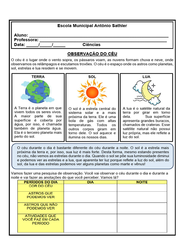 Atividades 3º Ano Ciências Observação Do Céu | PDF | Sol | Céu