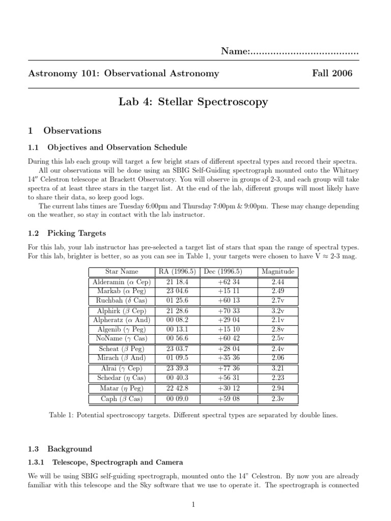 Lab 4 - Stellar Spectroscopy - HMC Physics | PDF | Spectroscopy ...