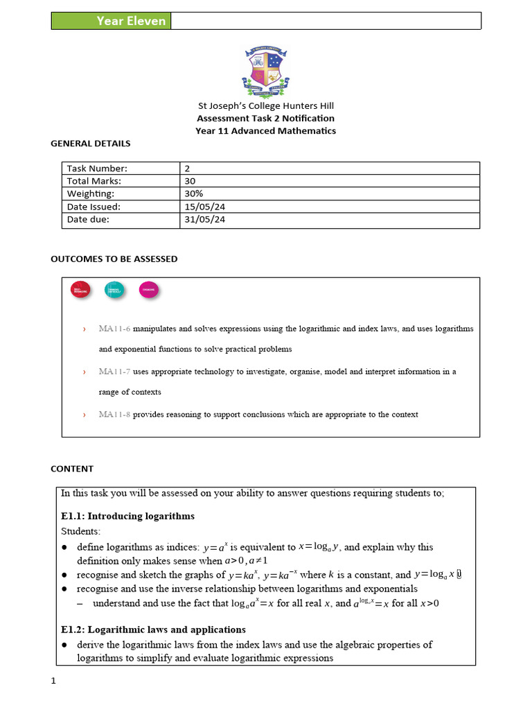 Yr 11 Task 2 2024 Notification (1) | PDF | Logarithm | Exponential Function