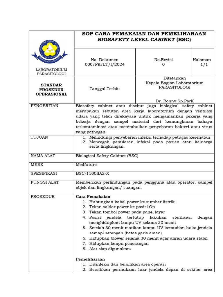 SOP Pemakaian Biosafety Cabinet BSC | PDF | Sains & Matematika