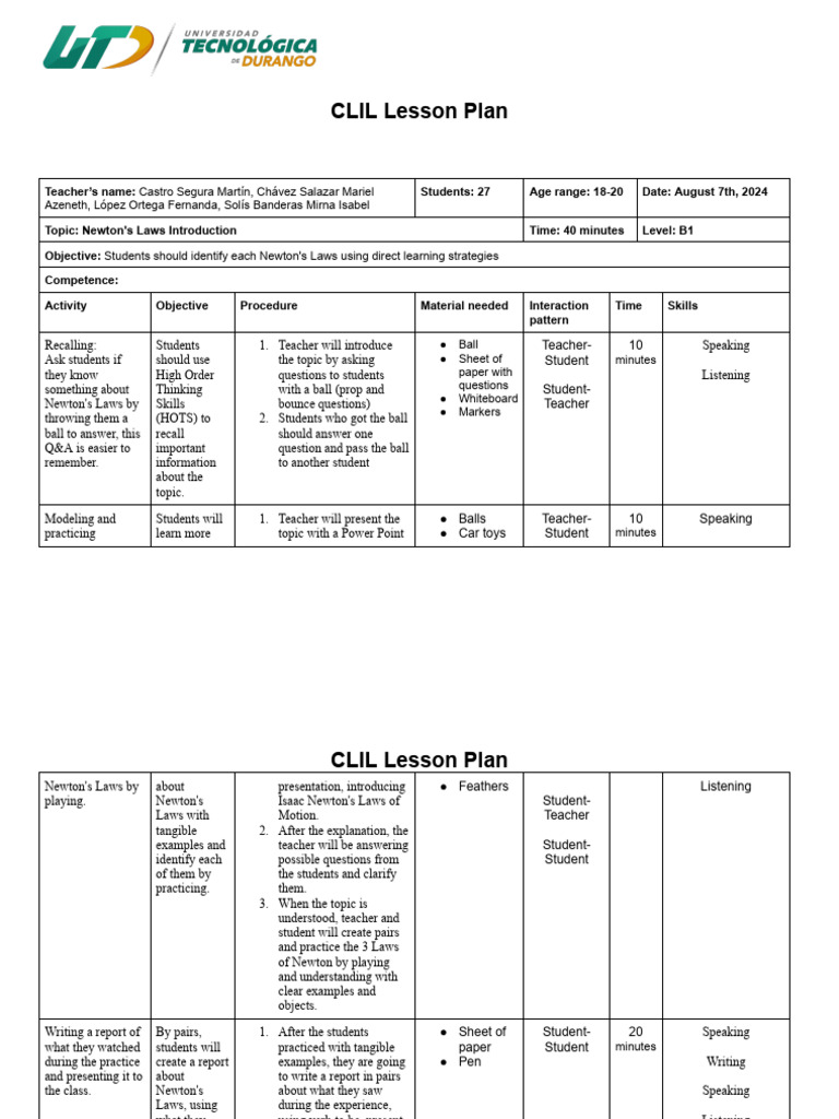 CLIL Lesson Plan (Teacher Carlos) | PDF | Lesson Plan | Teaching