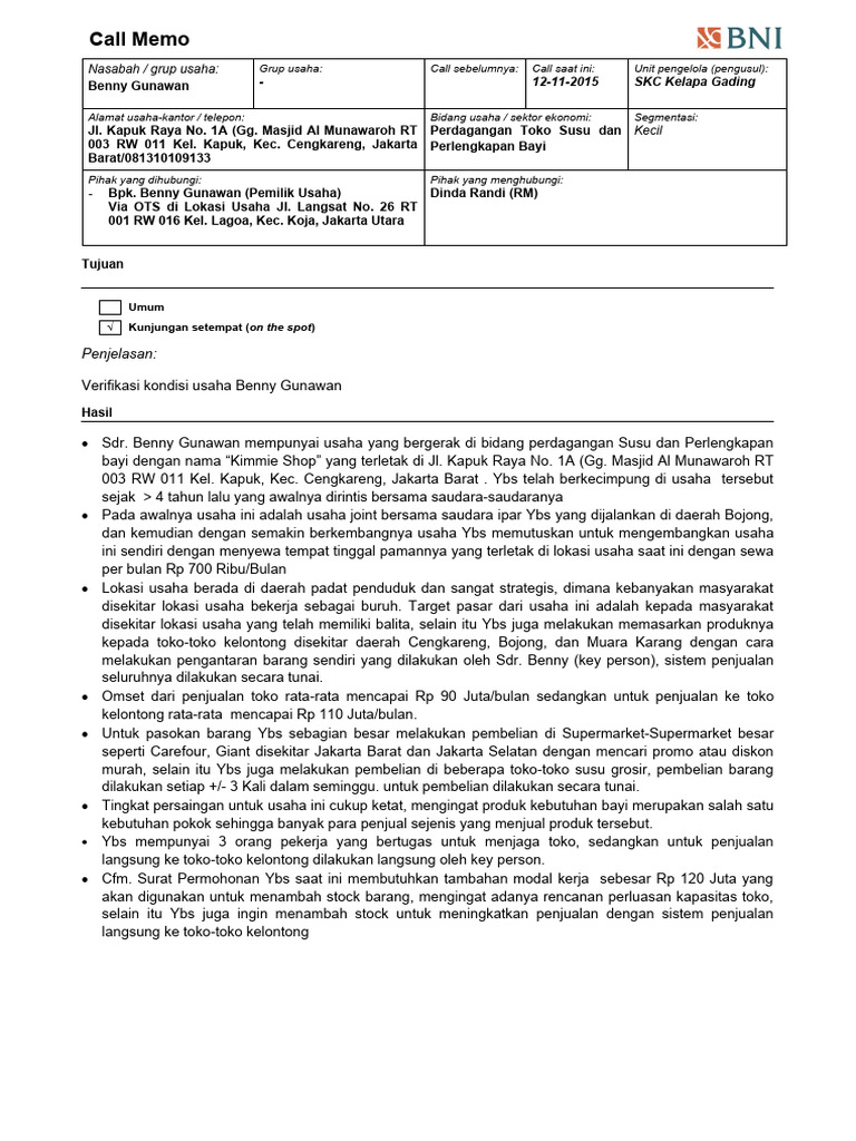 Call Memo - Kunjungan | PDF