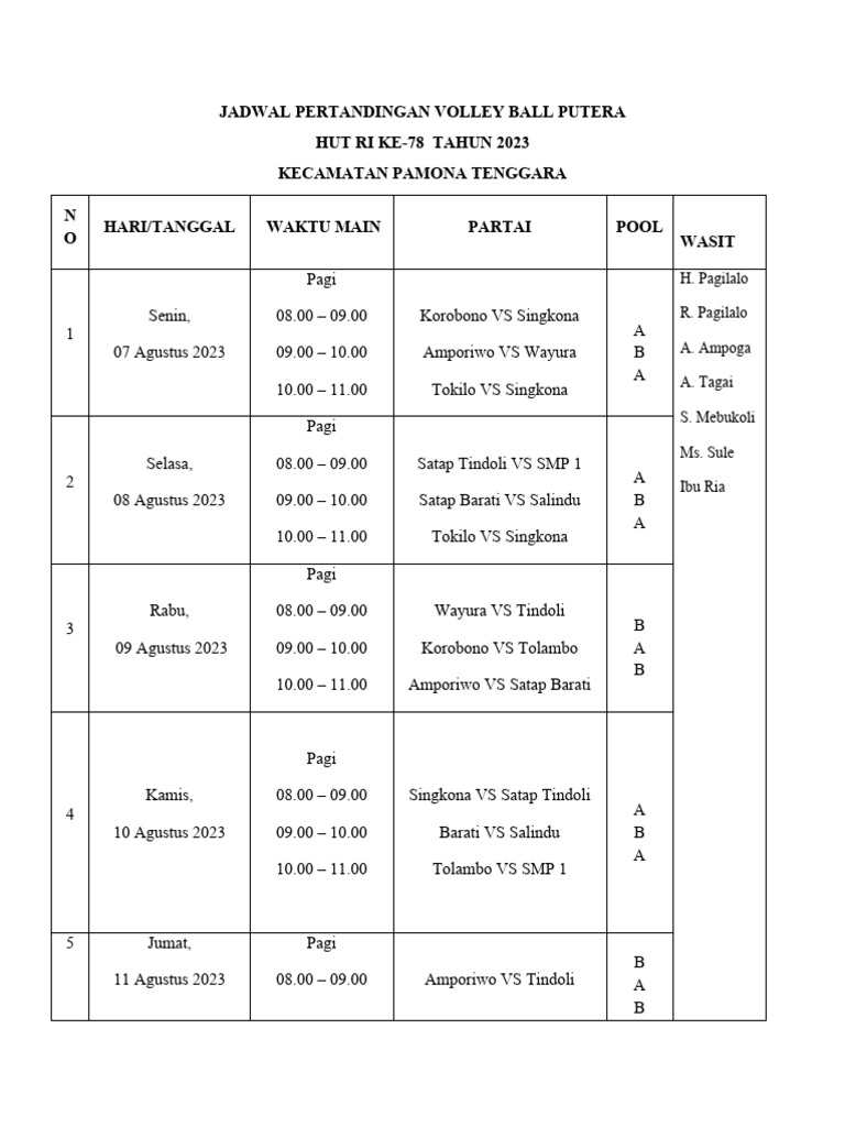 JADWAL PERTANDINGAN VOLLEY BALL PUTERA & PUTERI HUT RI Ke-78 | PDF