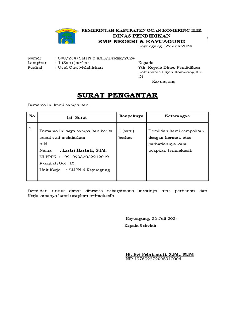 Berkas Cuti Melahirkan Lastri Hastuti | PDF