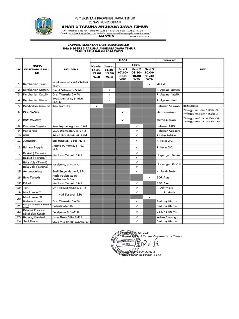 2024-2025 Jadwal Ekstrakurikuler Pilihan | PDF