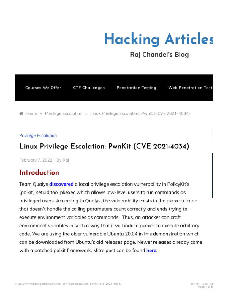 Linux Privilege Escalation - PwnKit (CVE 2021-4034) - Hacking Articles | PDF | Superuser | Sudo