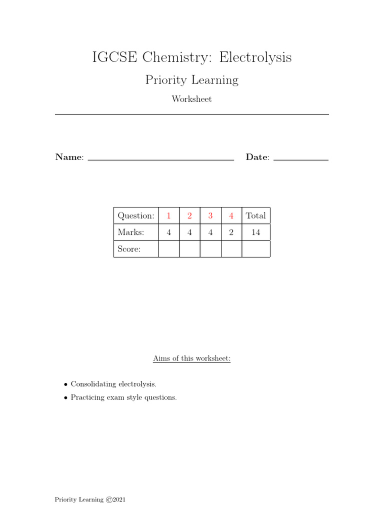 IGCSE Chemistry Electrolysis Worksheet | PDF | Anode | Electrolyte