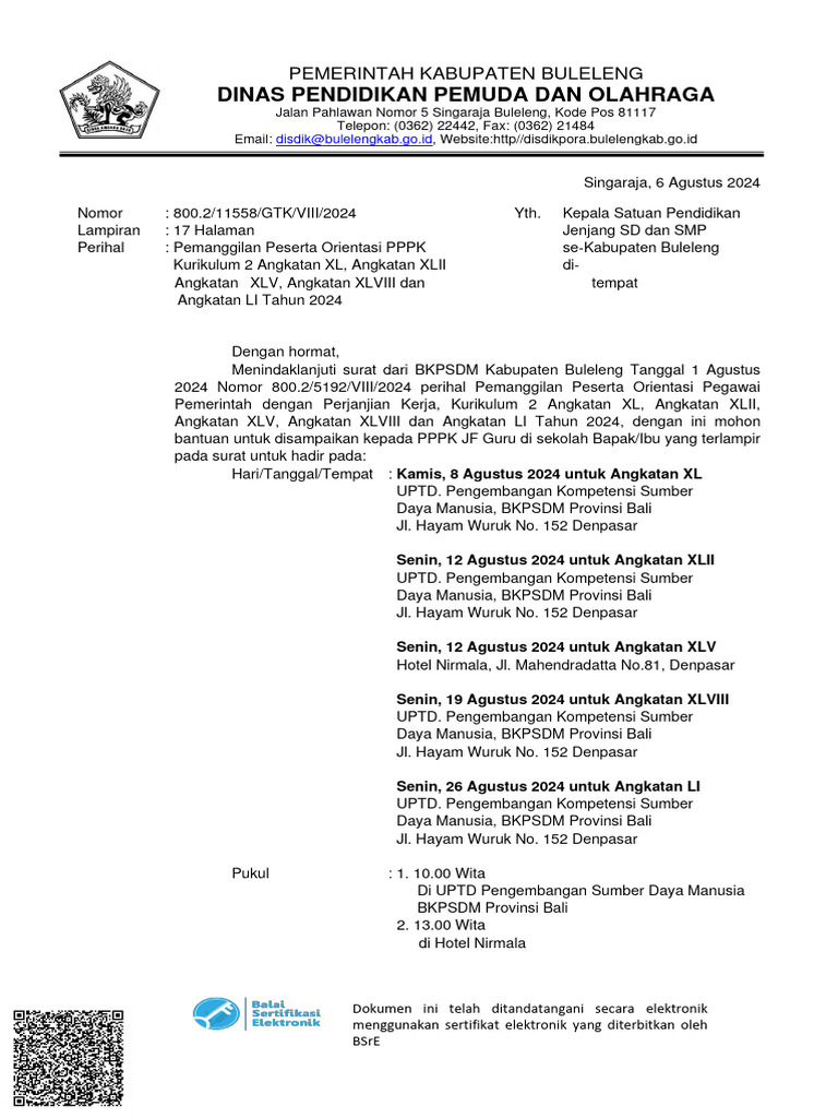 Surat Pemanggilan Peserta Orientasi PPPK Kurikulum 2 Angkatan XL, Angkatan XLII, Angkatan XLV ...