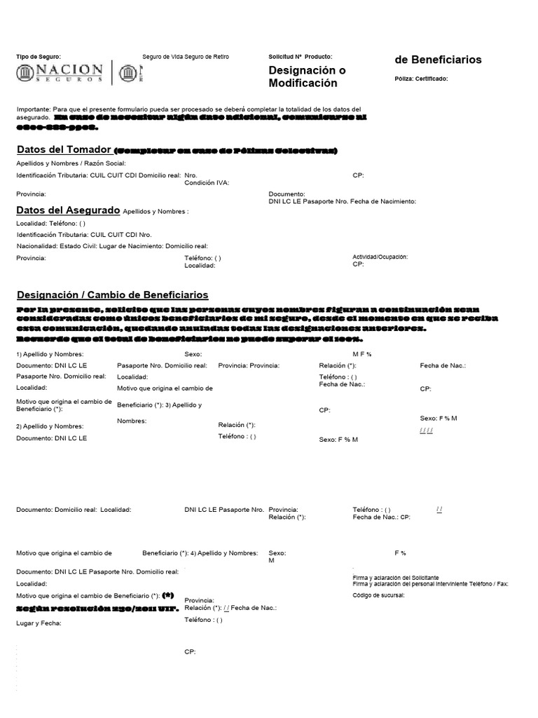Designación Beneficiarios Nación Seguros 2022 | PDF | Documento de identidad | Póliza de seguros
