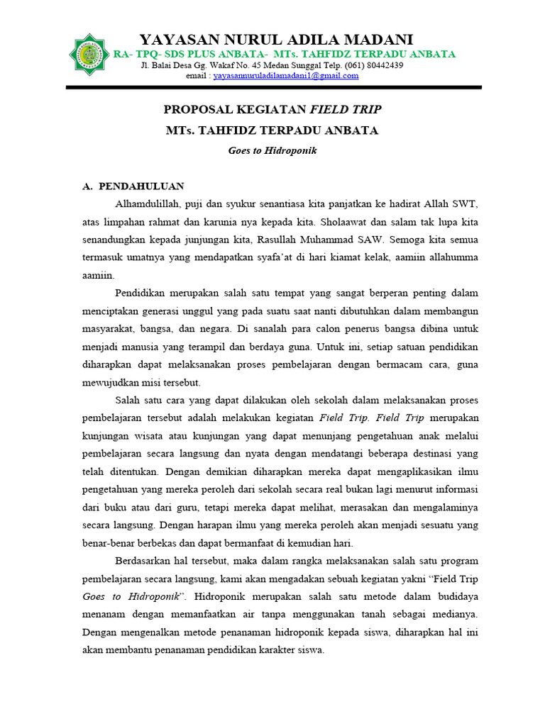 PROPOSAL KEGIATAN FIELD TRIP MTs | PDF