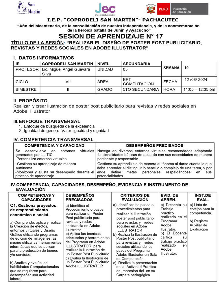 Sesion de Aprendizaje Ept Computacion 5to Coprodeli SM 2024 Bimestre III Clase 17 | PDF ...
