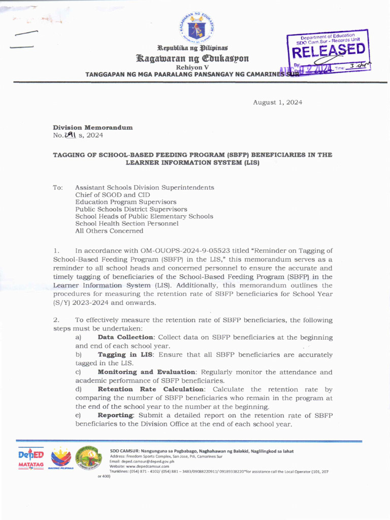 Memo No. 291-Tagging of SBFP in Lis | PDF