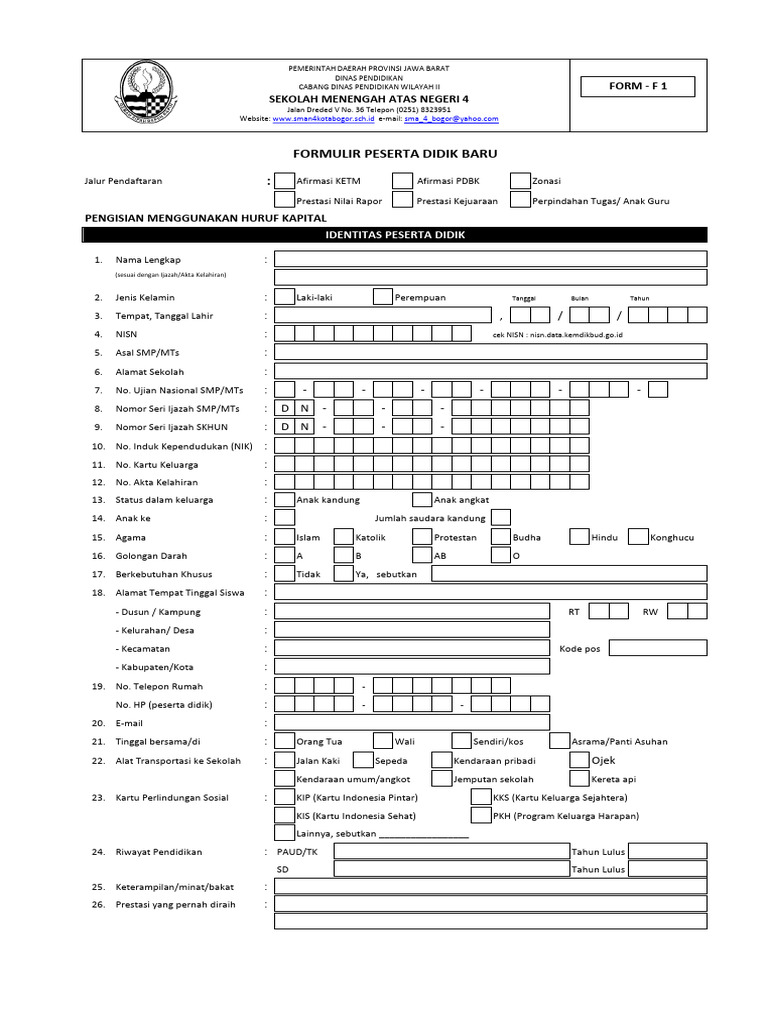 Formulir Pendaftaran Siswa Baru | PDF