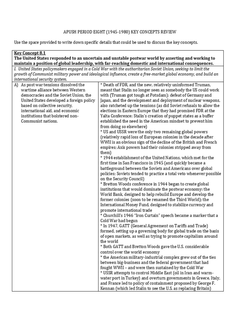 APUSH Period 8 Key Concepts Review | PDF | Mc Carthyism | Cold War