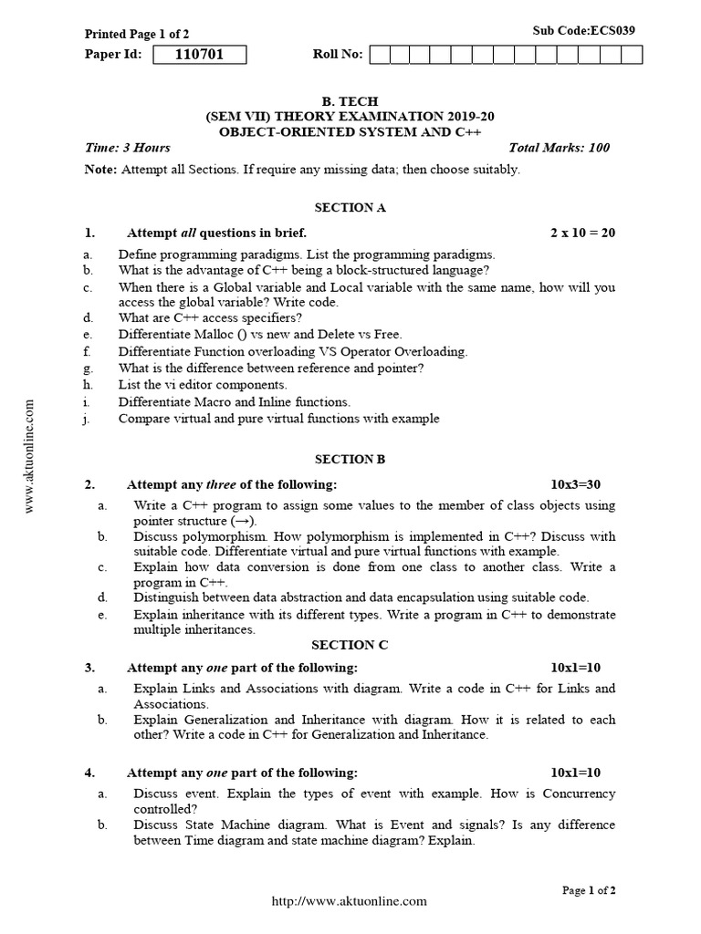 Btech Cs 7 Sem Object Oriented System And Cpp Ecs039 2020 Pdf C