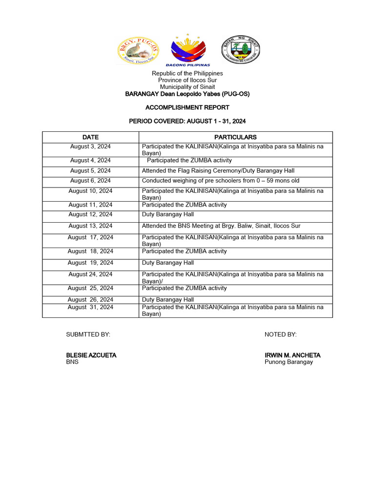 Accomplishmen BHW and BNS August 2024 | PDF | Philippines
